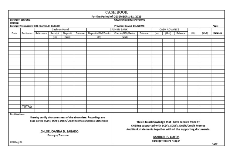 Cash Book Sample (Barangay) | PDF