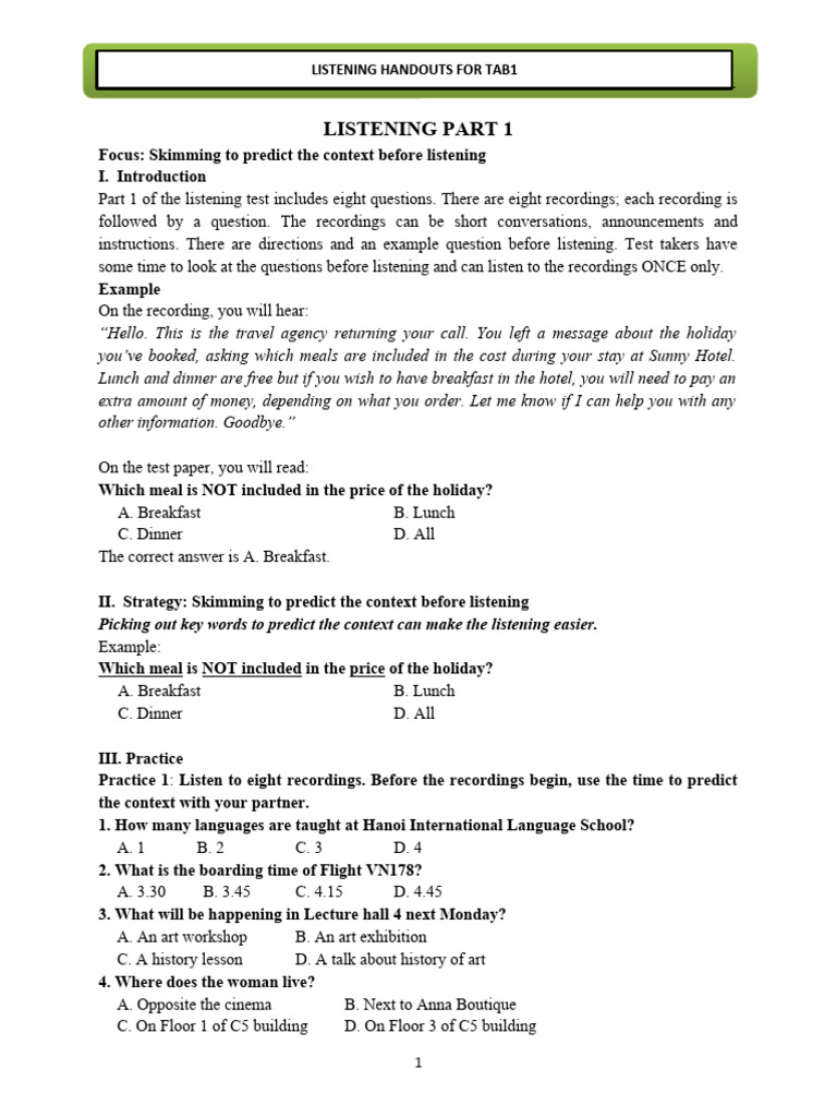 VSTEP Listening Part 1 Guide | PDF | Meal | Lunch