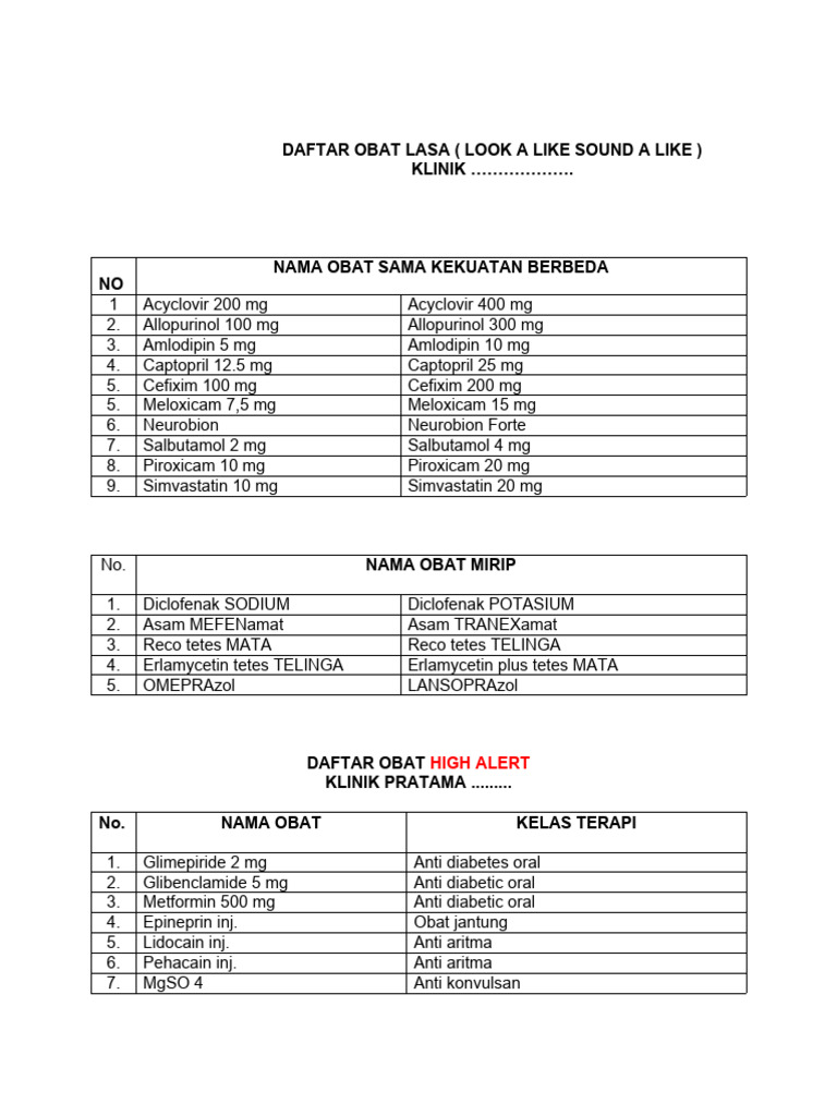 Contoh Daftar Obat Lasa Dan High Alert | PDF