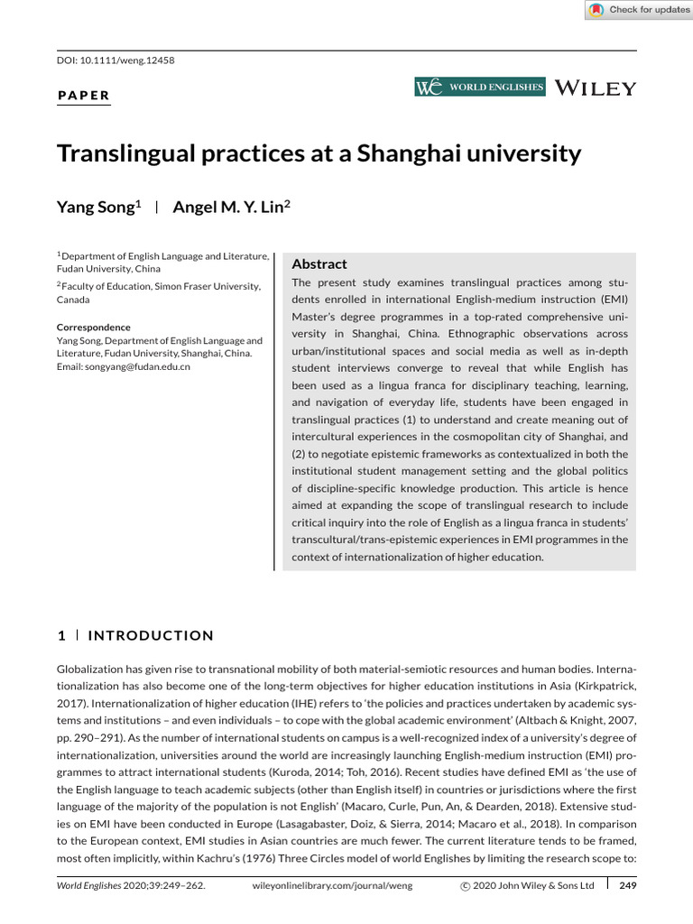 World Englishes - 2020 - Song - Translingual Practices at A Shanghai ...