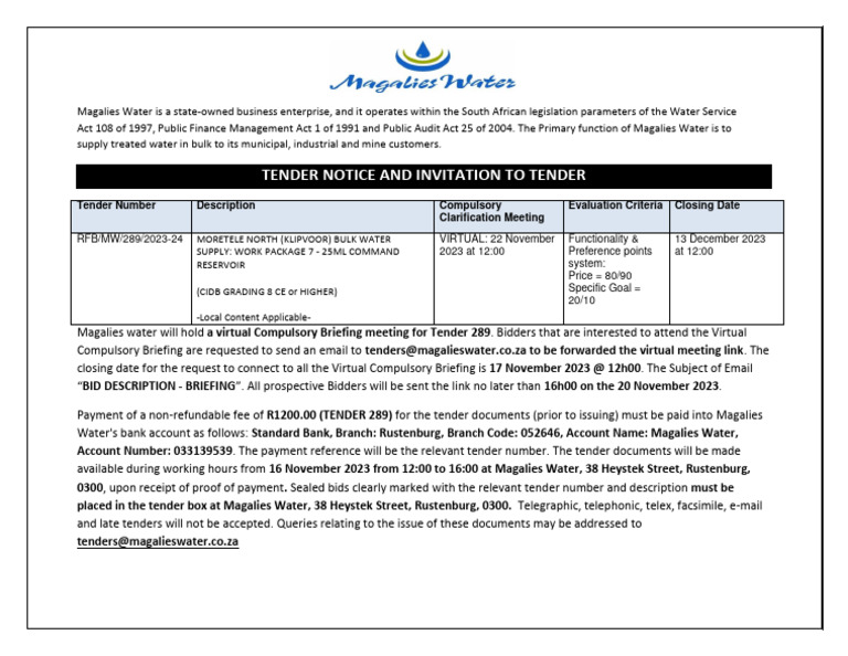 Tender Advert 289 | PDF | Economies | Service Industries