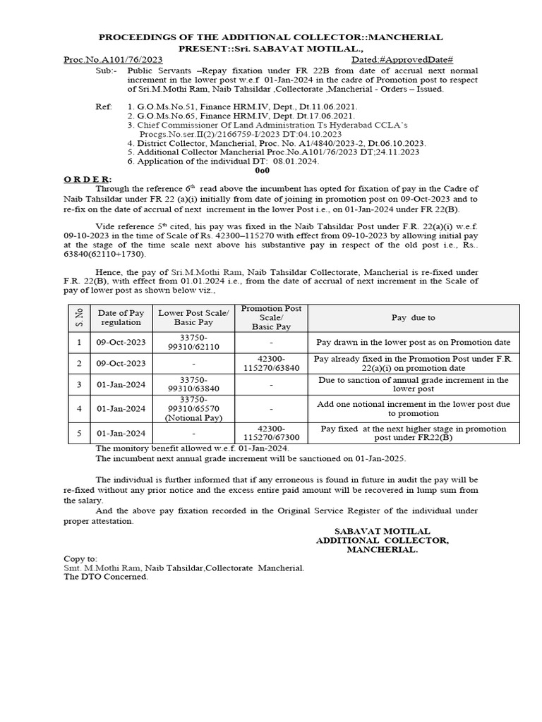 Mothiram Pay Fixation 11.01.2024 | PDF | Government | Government Of India
