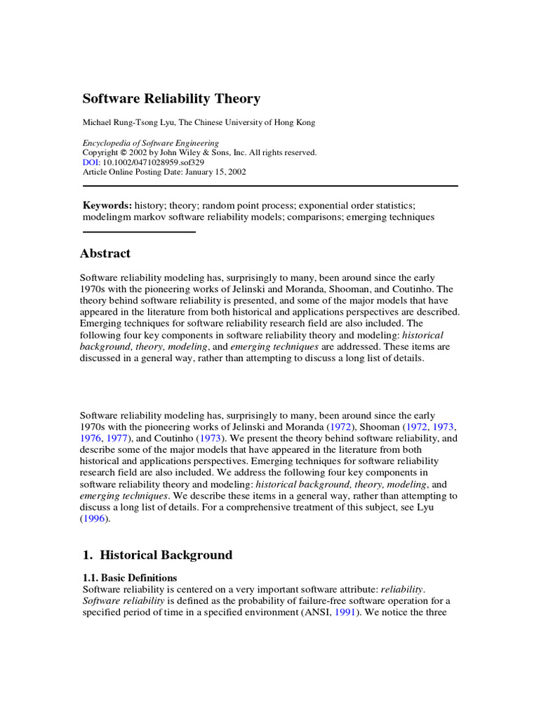 Software Reliability Theory: Keywords: History Theory Random Point ...