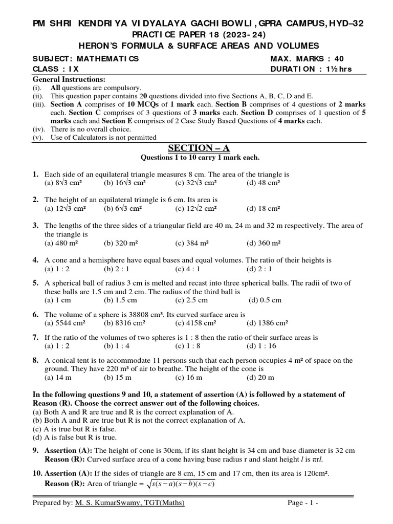 Maths Class Ix Chapter 12 and 13 Mensuration Unit Practice Paper 18 | PDF
