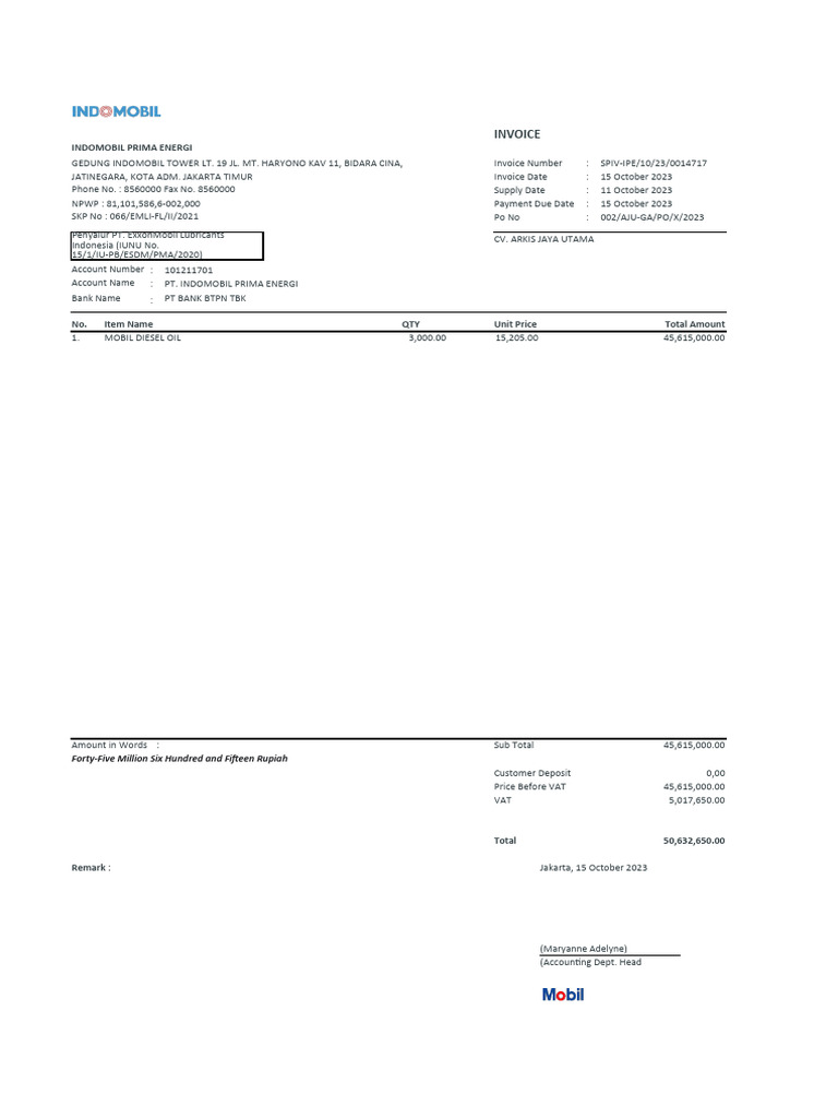 Invoice for Diesel Oil Purchase | PDF