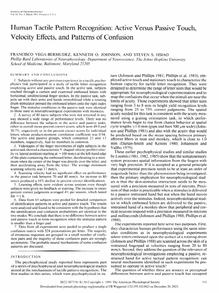 Vega Bermudez Et Al 1991 Human Tactile Pattern Recognition Active Versus Passive Touch Velocity ...