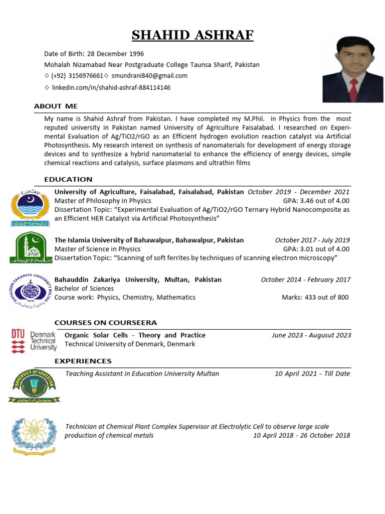 CV - Shahid Ashraf - PK (1) - 109 | PDF | Catalysis | Physical Chemistry