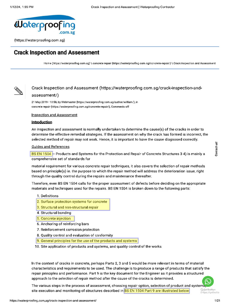 Crack Inspection and Assessment - Waterproofing Contractor | PDF