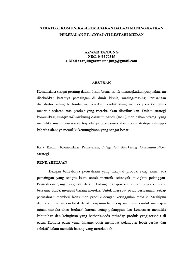 Strategi Komunikasi Pemasaran Dalam Meningkatkan Penjualan Pt Pdf
