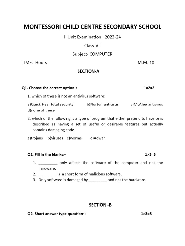 Montessori Child Centre Secondary School Class 7TH Com | PDF