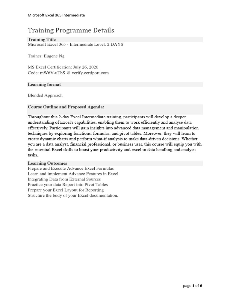 MS Excel 365 Intermediate Course Outline | PDF | Microsoft Excel | Data ...