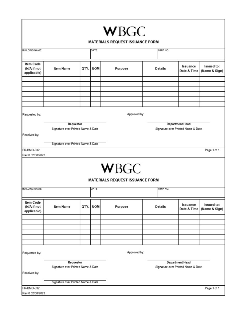 FR-BMO-032 Materials Request Issuance Form | PDF