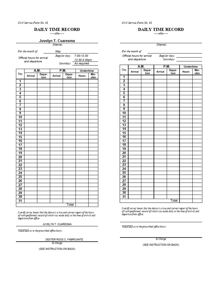 CSC Form 48 Daily Time Record (DTR) | PDF