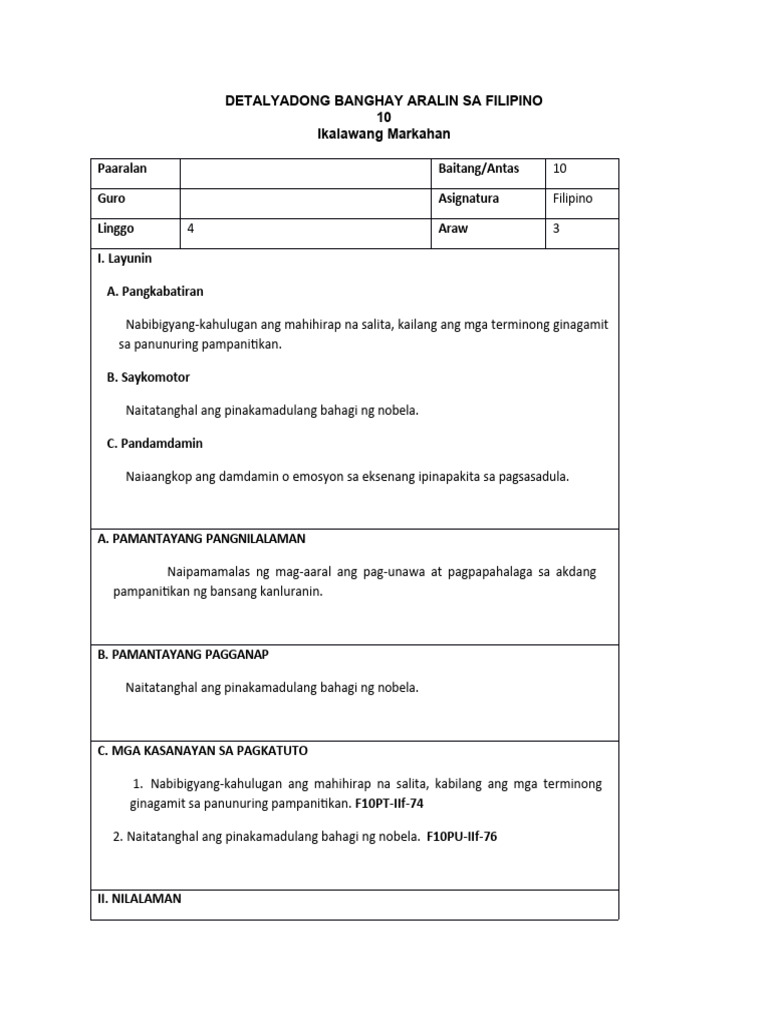 Detalyadong Banghay Aralin Sa Filipino 10 | PDF