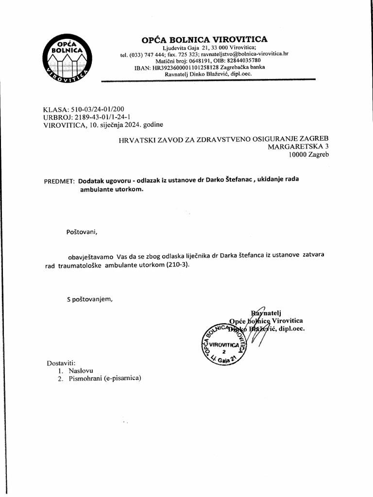 DODATAK UGOVORU - Opća Bolnica Virovitica 10.1.2024.g. | PDF