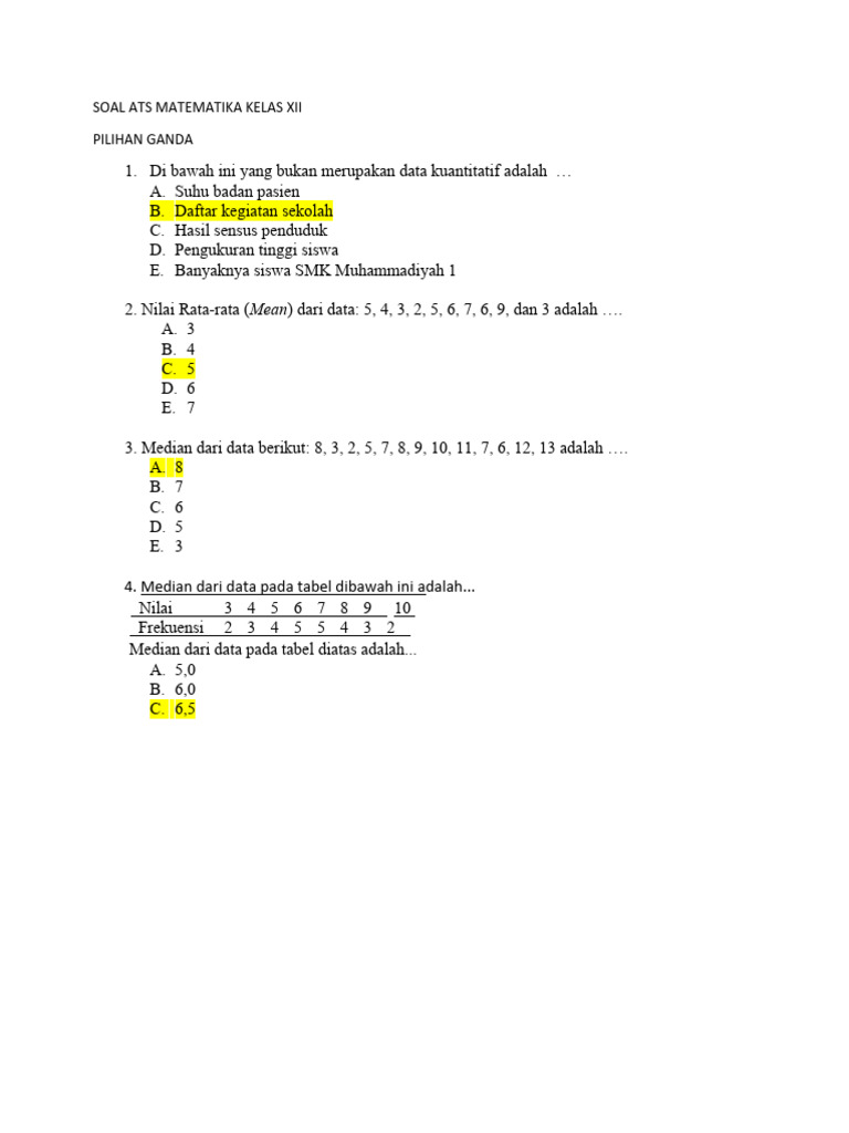 Soal Ats Matematika Kelas Xii | PDF