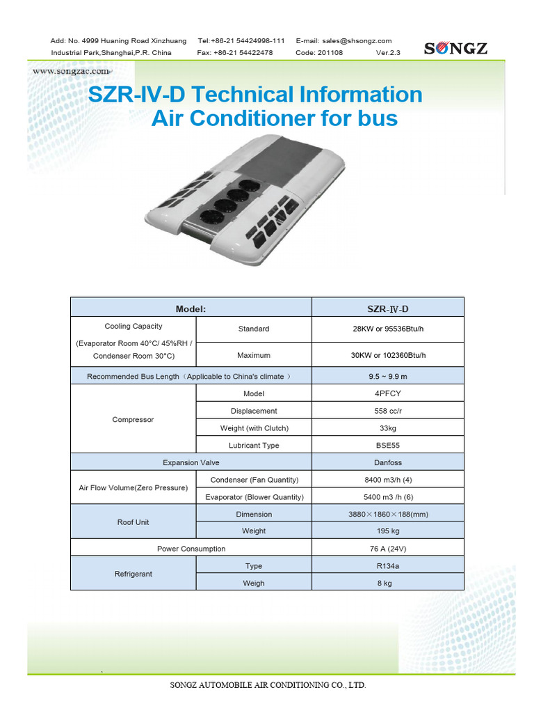 SONGZ SZR-IV-D Bus Air Conditioner Specs | PDF