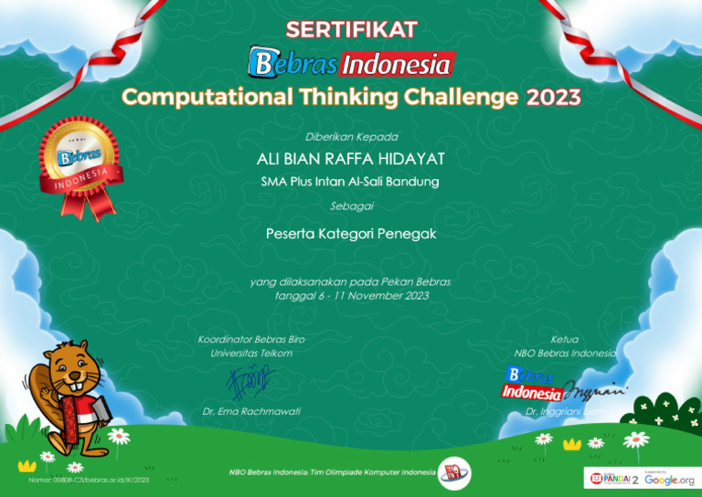 Sertifikat - Bebras - ALI BIAN RAFFA HIDAYAT - 202312191400 | PDF