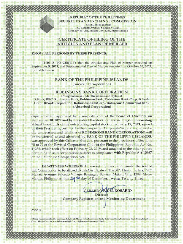 Certificate of Filing of the Articles and Plan of Merger | PDF