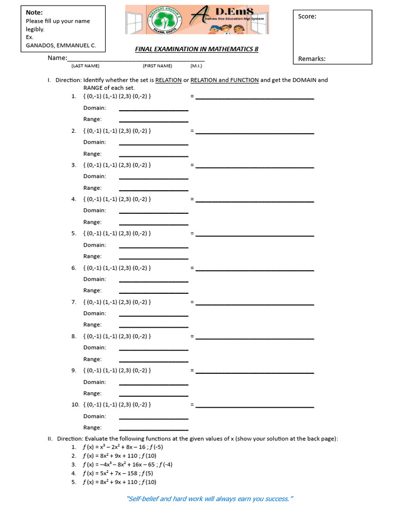 Final in Mathematics 8 | PDF