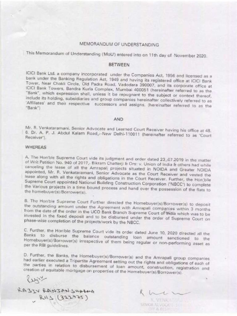 ICICI MOU With Supreme Court For NBCC Flats | PDF