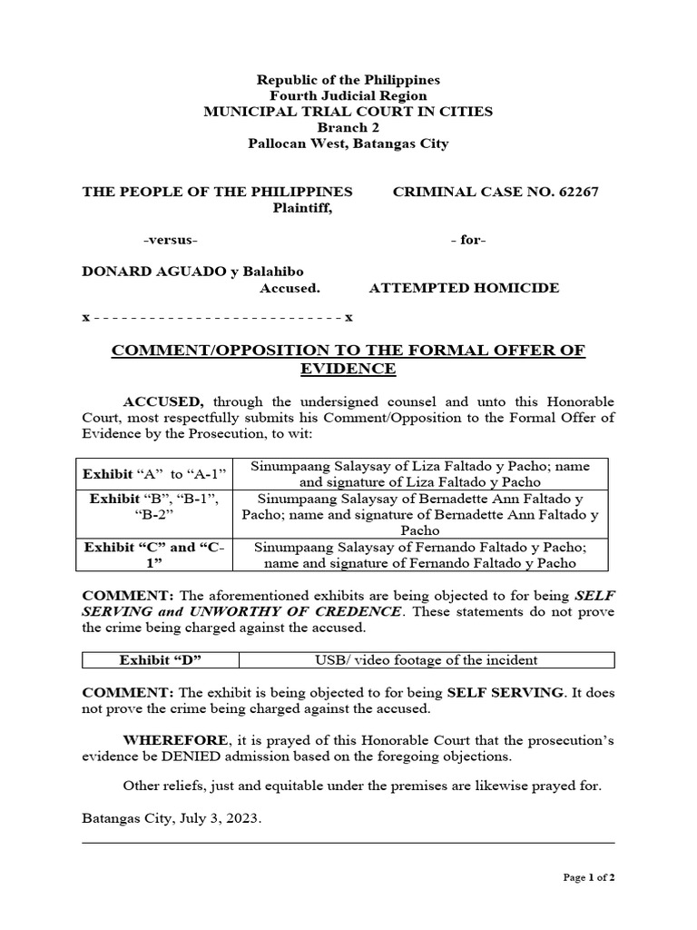 Comment Opposition To Formal Offer | PDF | Prosecutor | Common Law
