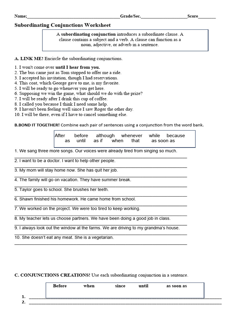 Subordinating Conjunctions Worksheet | PDF | Semantic Units | Language ...