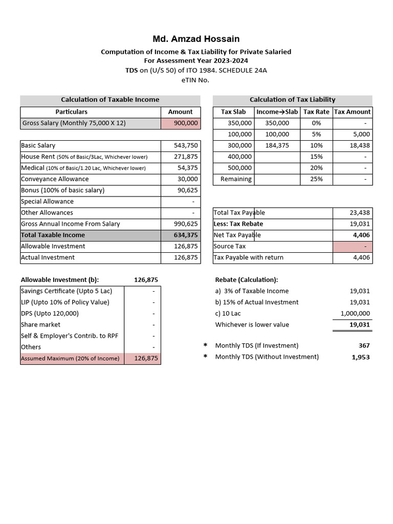Income & Tax Calculation for 2023-24 | PDF | Taxes | Income