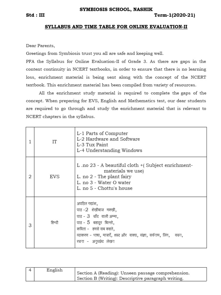 Std-3-Syllabus & TT-Online Evaluation-II (2020-21) | Download Free PDF ...
