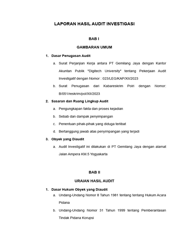 Laporan Hasil Audit Investigasi-Utd | PDF | Pengelolaan Keuangan & Uang