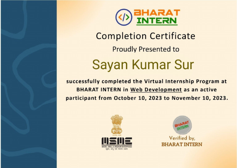 Bharat Intern Completion Certificate | PDF