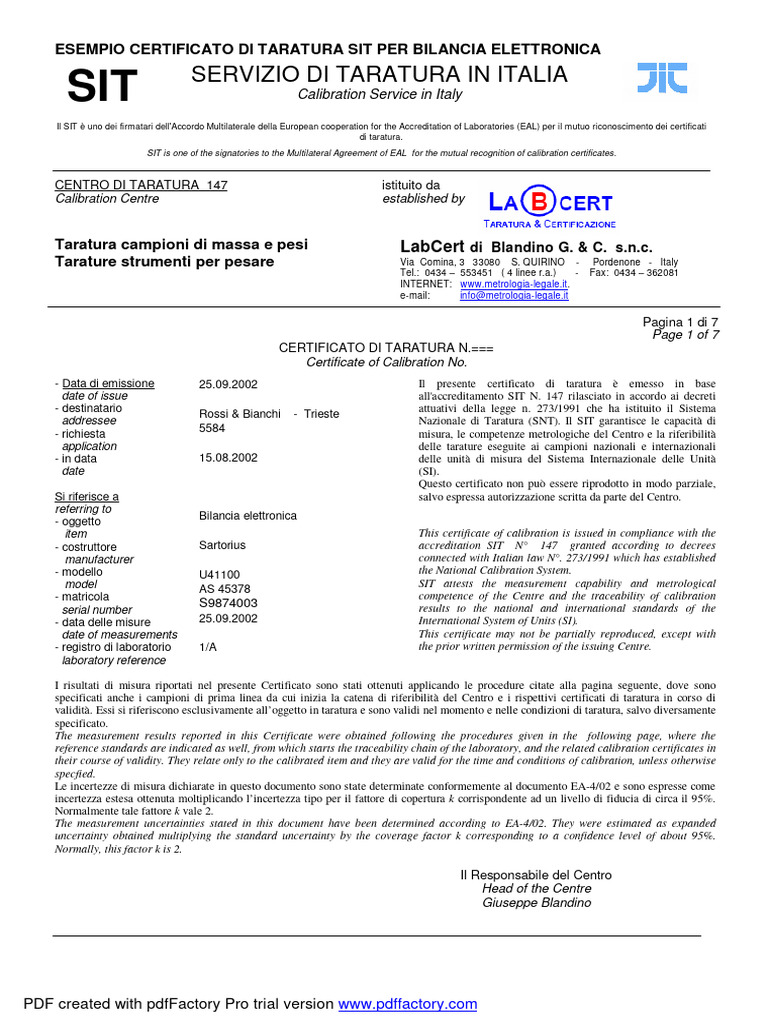 Servizio Di Taratura in Italia: Esempio Certificato Di Taratura Sit Per ...