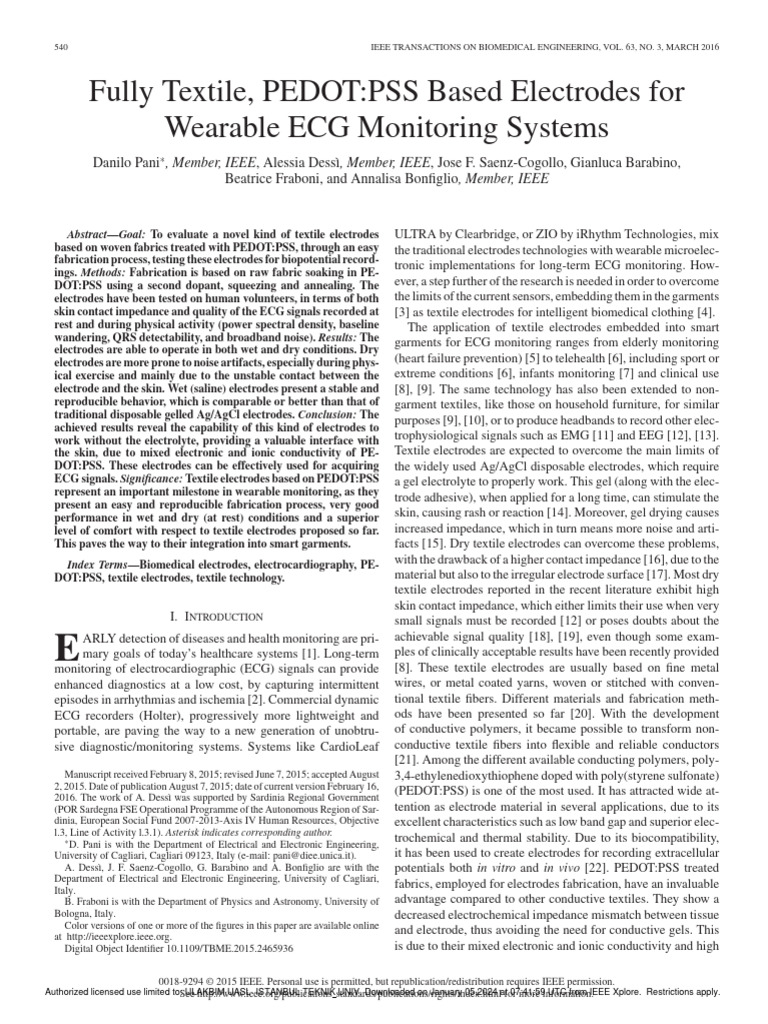 Fully Textile PEDOTPSS Based Electrodes For Wearable ECG Monitoring Systems | PDF