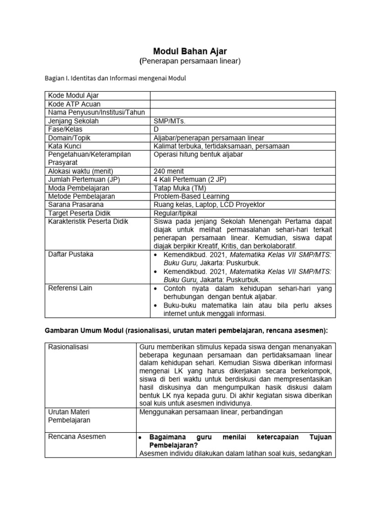 Modul Ajar Bab 3.2 Penerapan Persamaan Linear | PDF