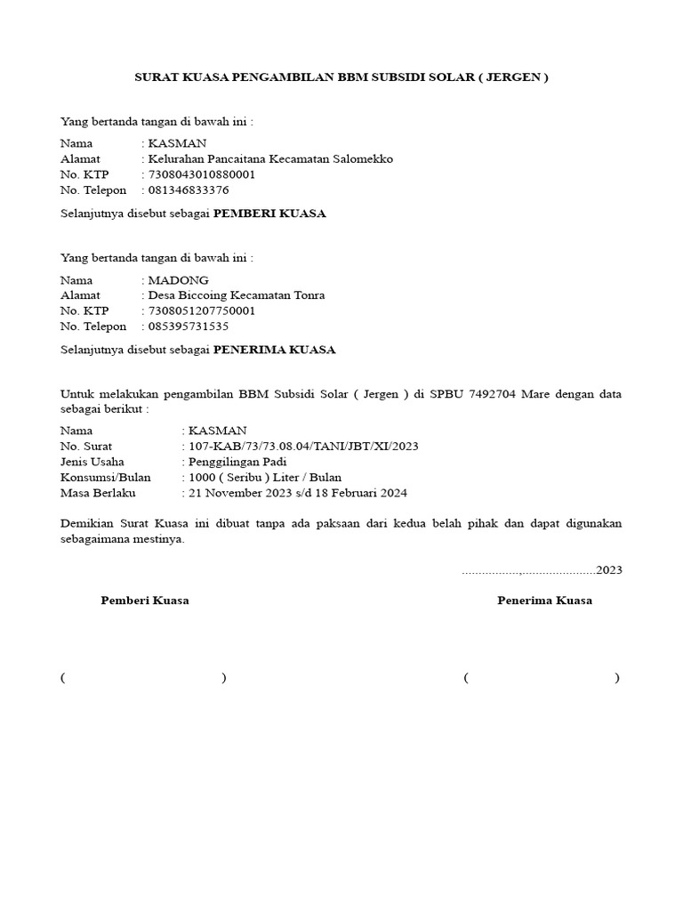 Surat Kuasa Pengambilan BBM Subsidi Solar | PDF