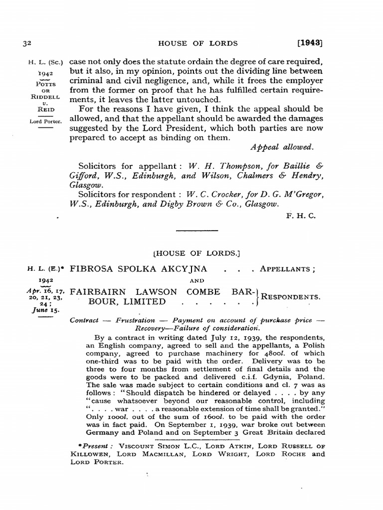 Appeal Allowed.: Potts OR Riddell Reid Lord Porter | PDF | Judgment ...
