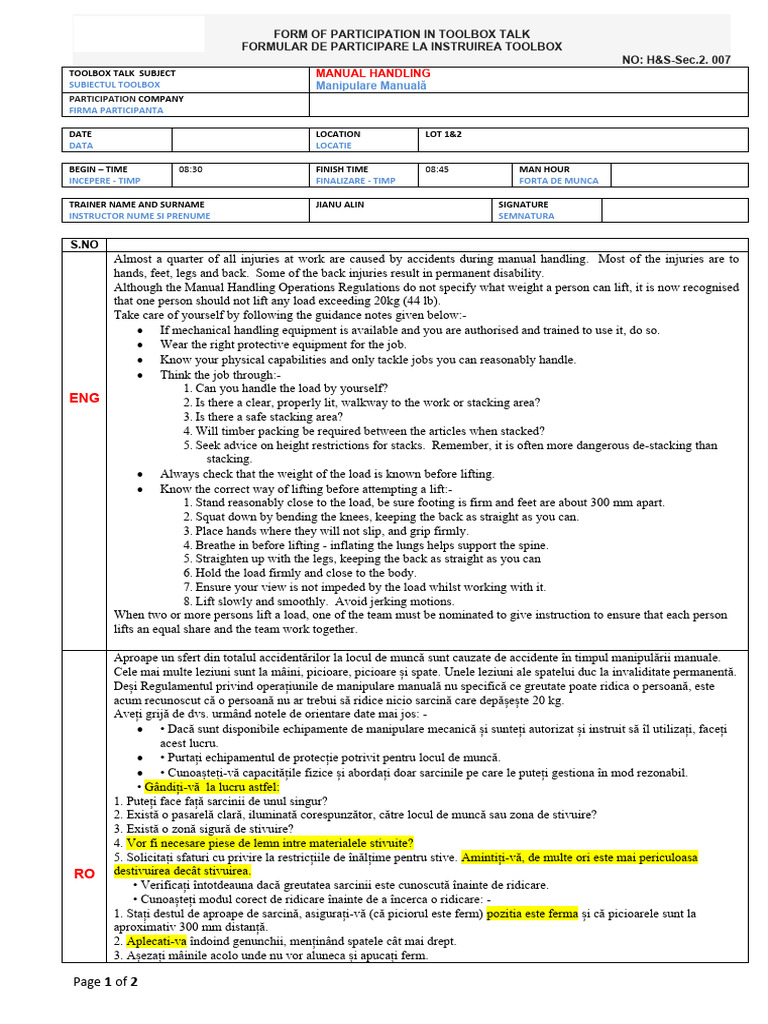 Toolbox Manual Handling | PDF