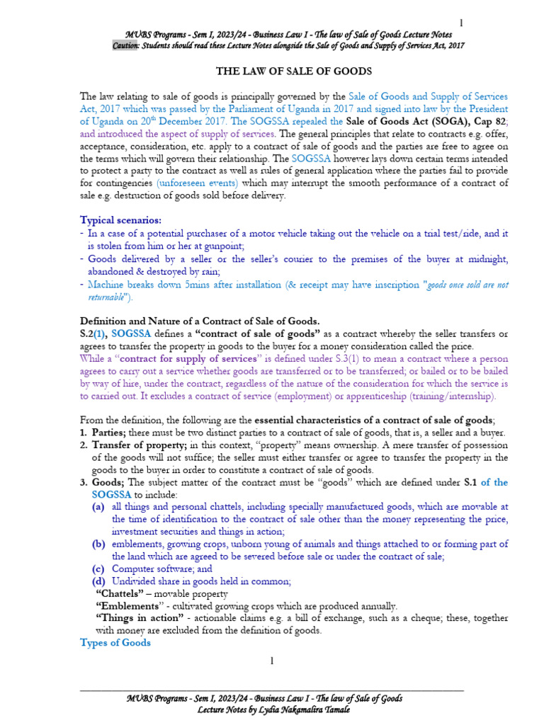 THE LAW OF SALE OF GOODS-Students (Rvsd-SOGSSA) | PDF