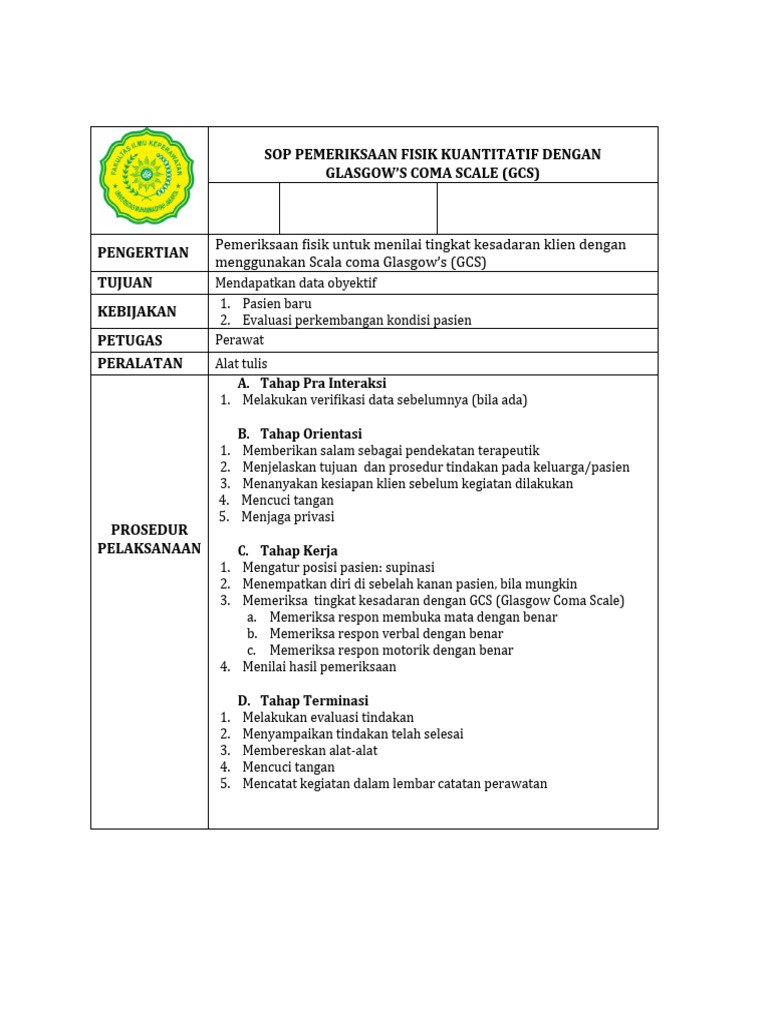 Sop Pemeriksaan GCS | PDF