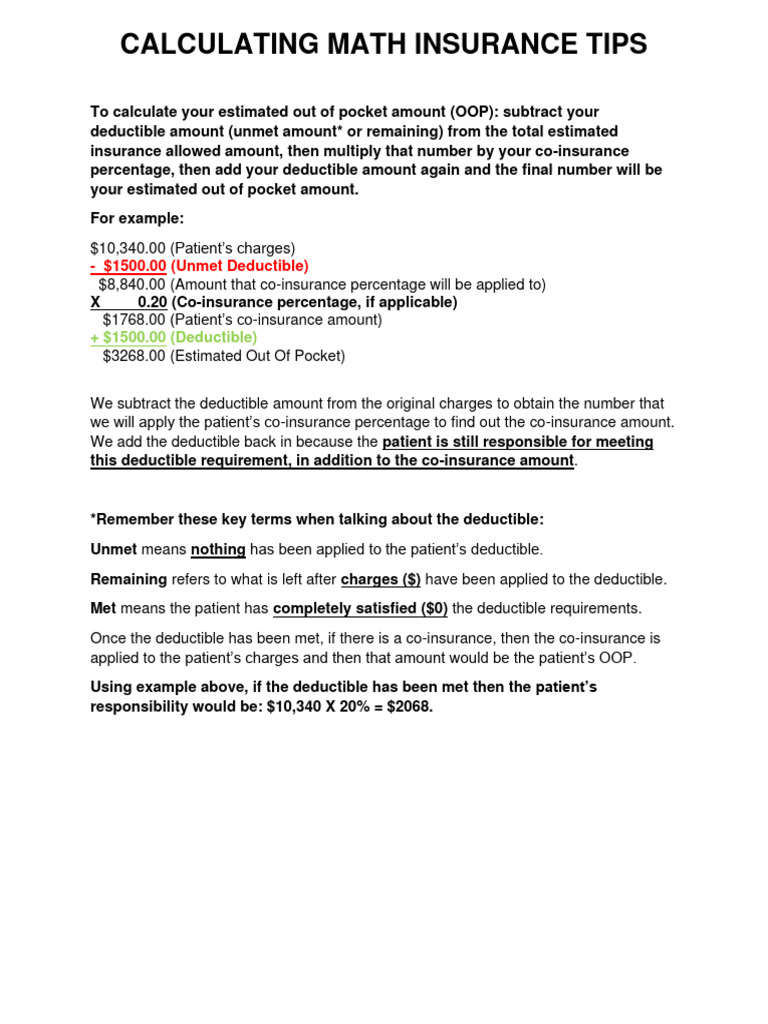 2020 MCC Calculating Ins Math Tips | PDF | Deductible | Percentage