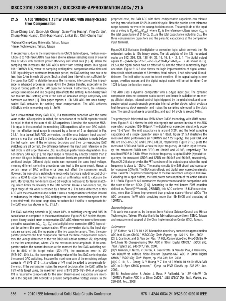 A 10b 100ms S 113mw Sar Adc With Binary Scaled Error Compensation Pdf Analog To Digital 