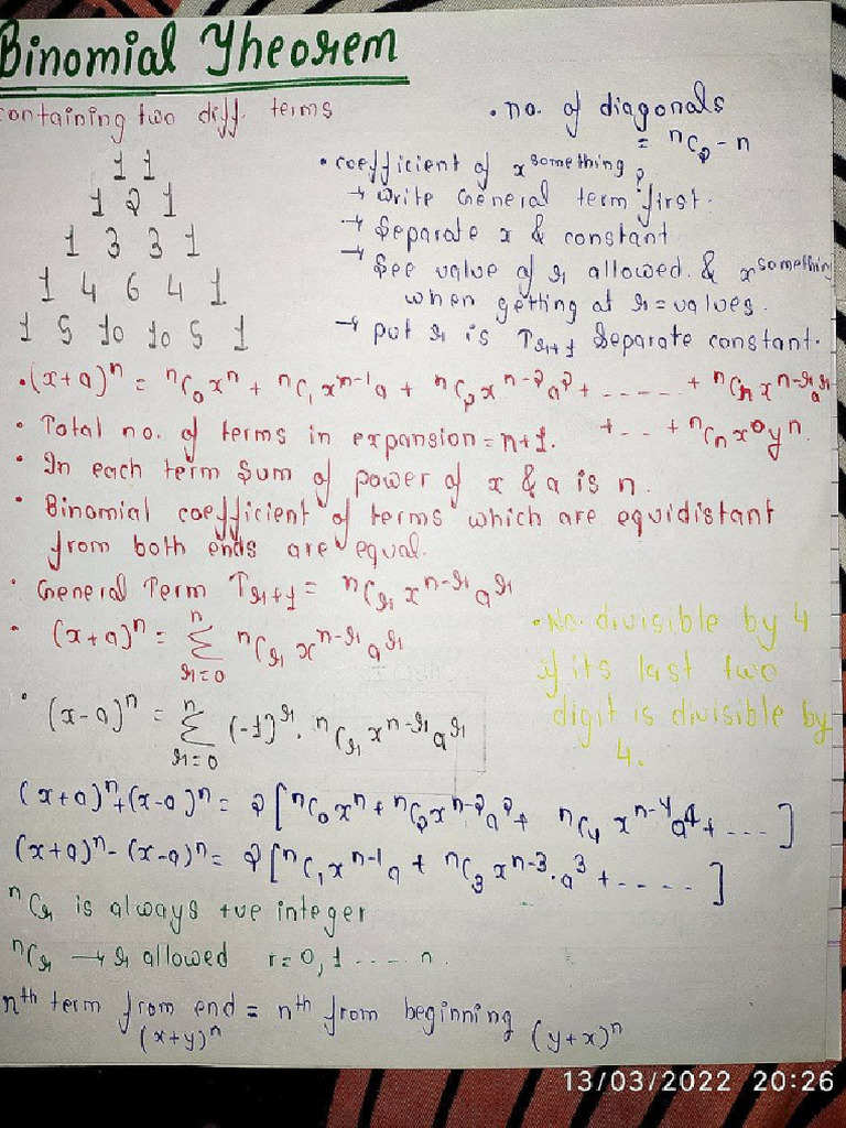 Binomial Theorem Short Notes | PDF