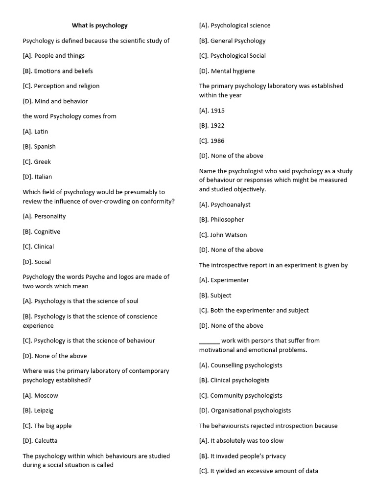 Class 12 Psychology MCQs and Answers | PDF | Psychology | Mind