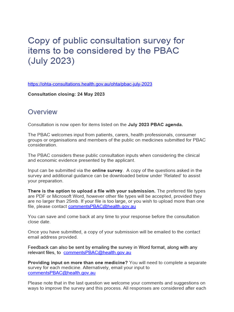 Hard Copy-PBAC Consultation Survey-July2023 Meeting | PDF | Privacy ...