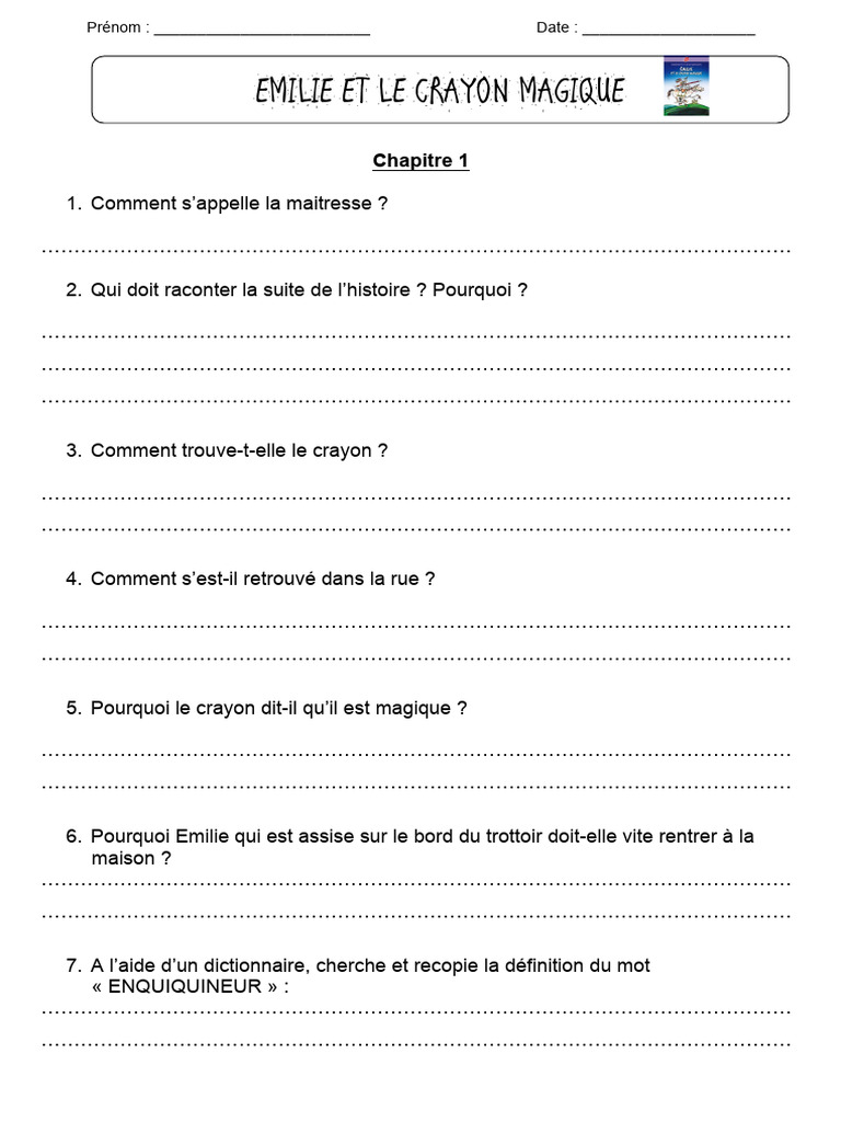 Emilie Et Le Crayon Magique Questionnaire | PDF