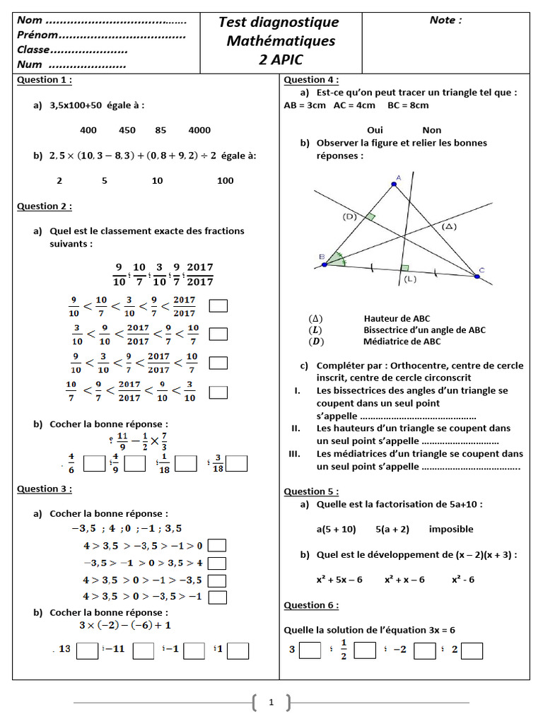 Test Diagnostique Mathématiques 2 Apic: Note: . Nom Prénom Classe Num | PDF