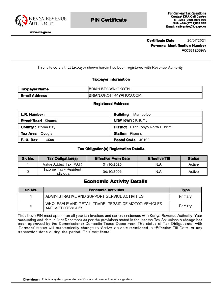 PIN Certificate | PDF | Taxes | Value Added Tax