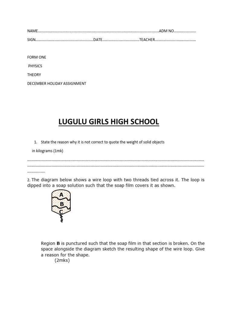 PHYSICS F1 Assignments - Form 1 - Physics | PDF
