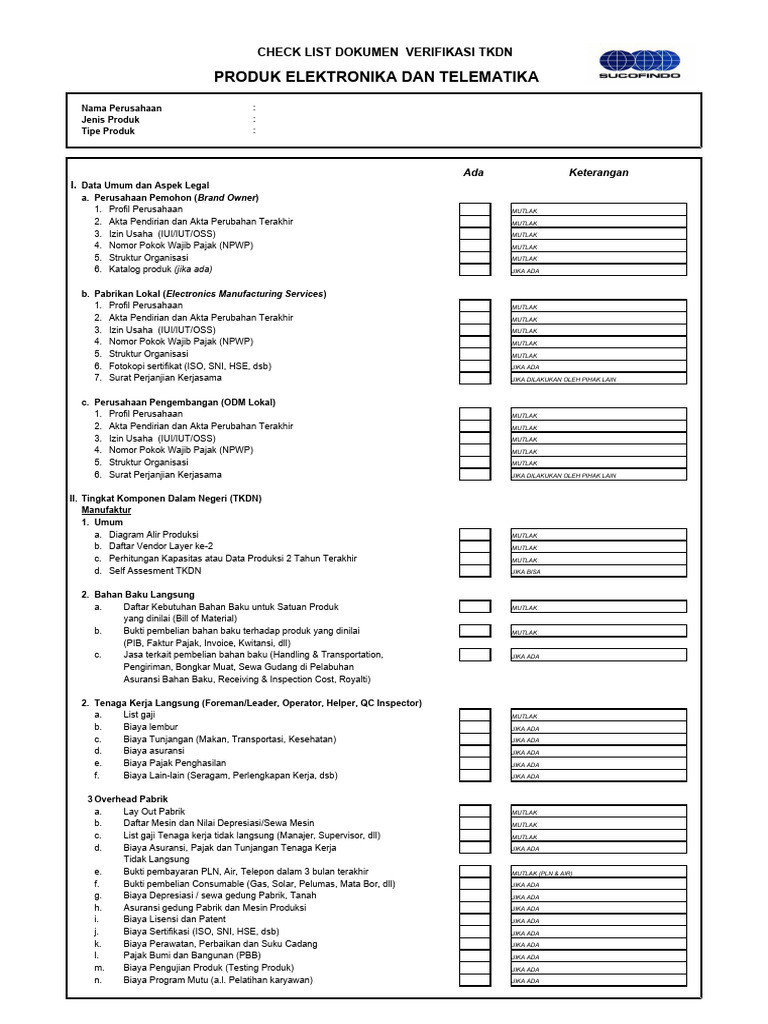 Checklist Dokumen Verifikasi TKDN Produk Elektronika Dan Telematika | PDF