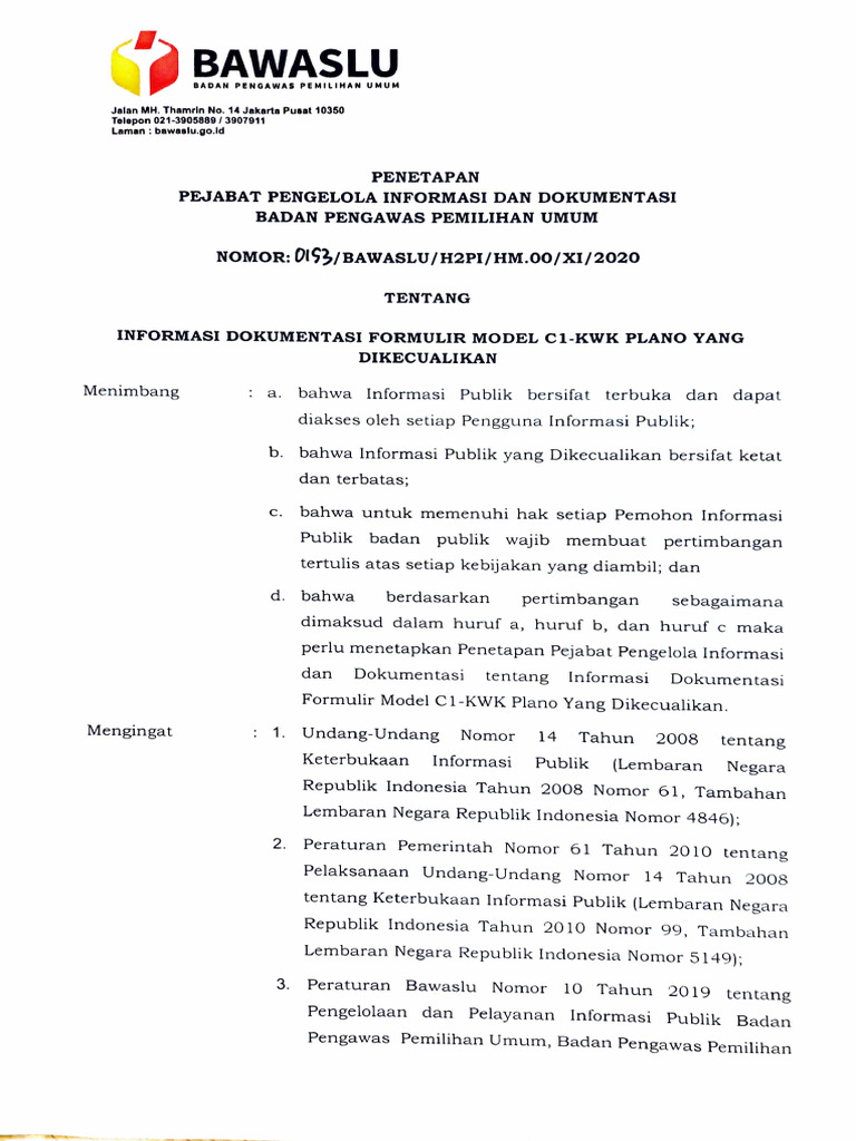 0153 THN 2020 Informasi Dokumentasi Formulir Model C1 KWK Plano | PDF ...